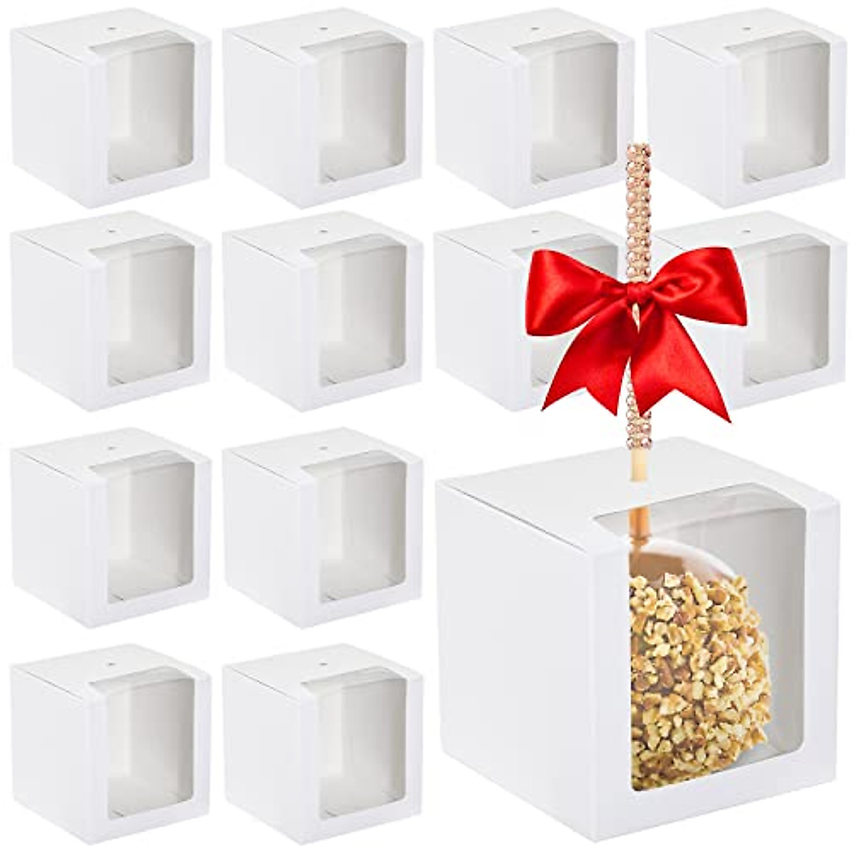 100 Pcs Candy Apple Boxes with Hole Caramel Apple Boxes 4 x 4 x 4 Inch Apple Gift Box Cookies Chocolate Apple Container with Clear Window for Harvest Autumn Party Wedding Baby Shower (White)