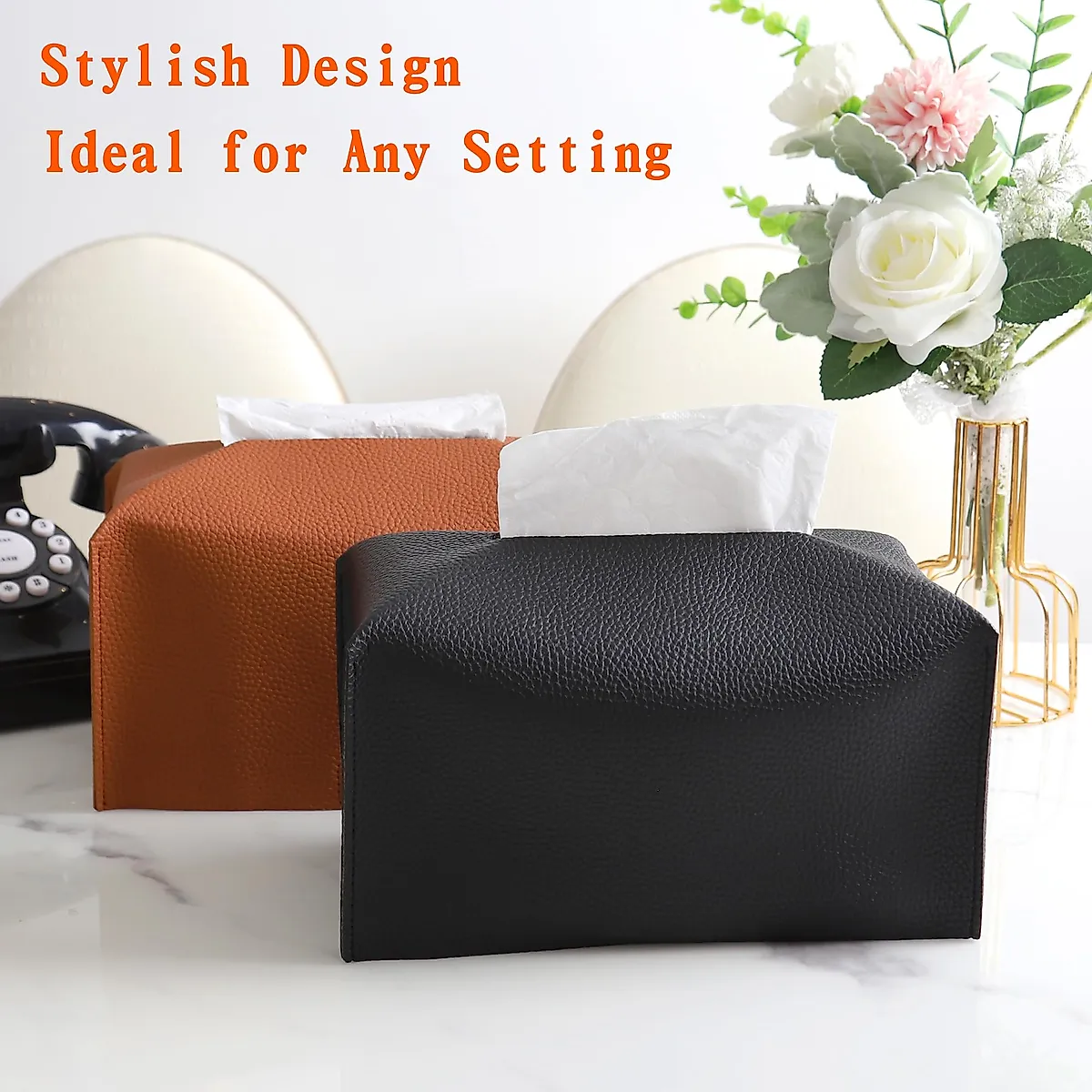 Tissue Box Cover, Leather Car Tissue Holder Rectangle, Black Toilet Tissue Box Holder Square for Bathroom (9.5 * 5 * 5 in, Gray)