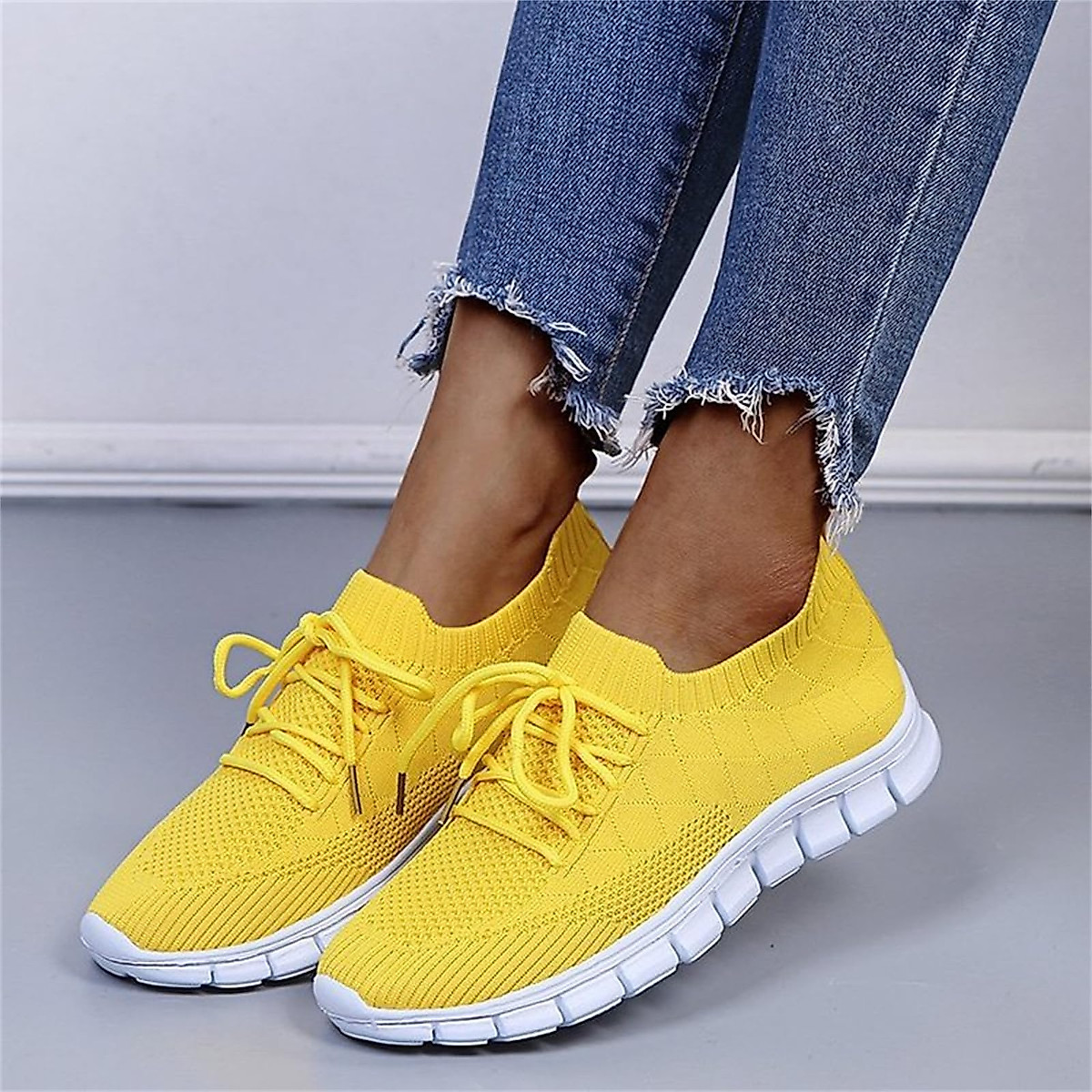 Lausiuoe Womens Shoes for Plantar Fasciitis Support Slip On Breathable Mesh Walking Shoes Women Fashion Sneakers Comfort Non Slip Running Tennis Gym Athletic Workout Shoes Yellow