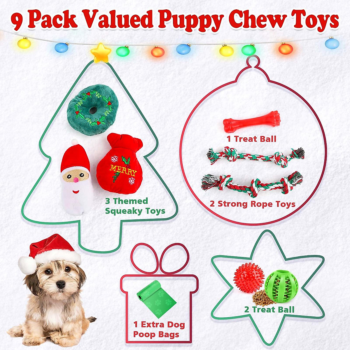 HOHOM Christmas Dog Toys, 9 Pack Luxury Puppy Chew Toy, Cotton Squeaky Plush Toys for Small Dogs, Durable Interactive Rope Treat Dog Ball and Bones, Rubber Teething Toys for Puppies Dogs