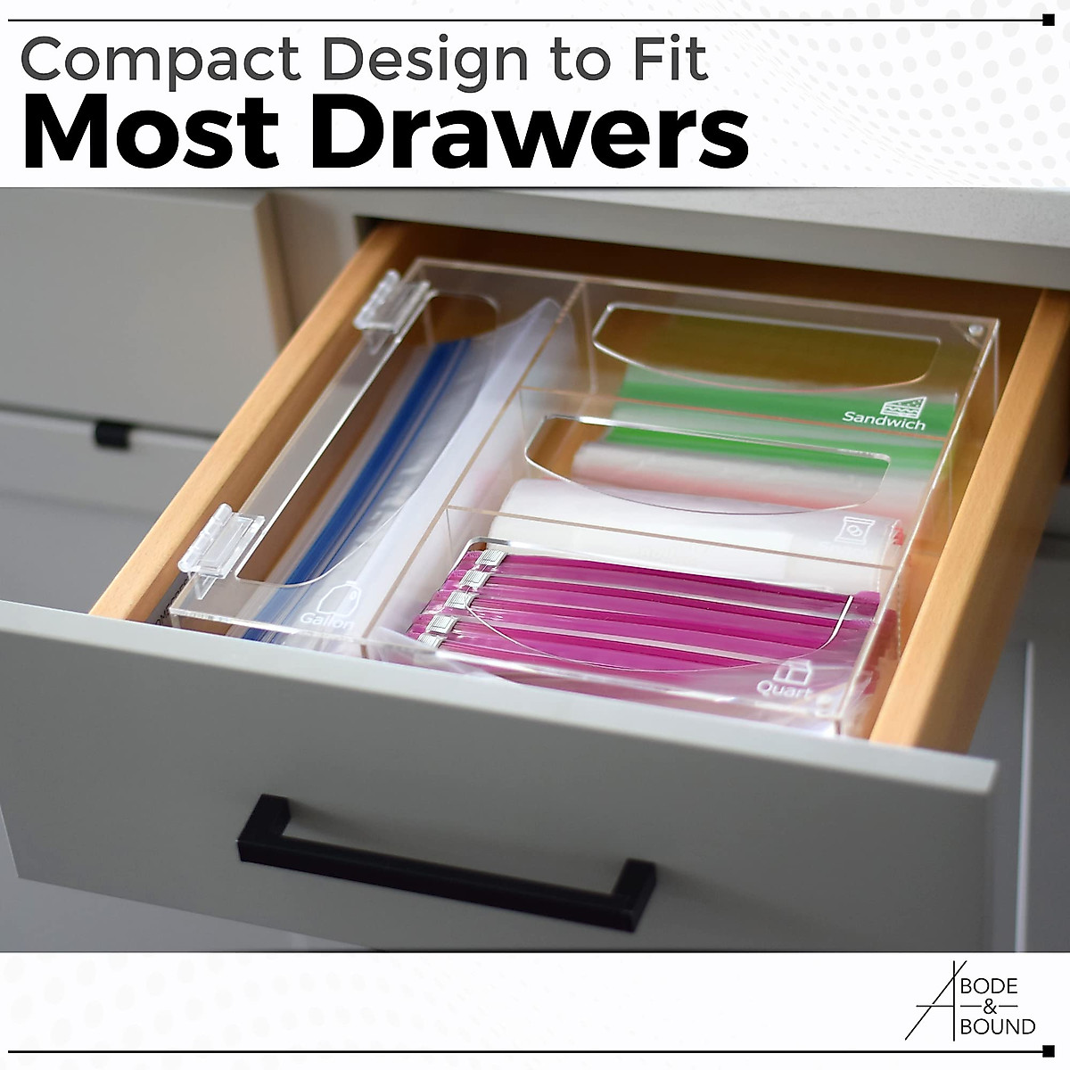 ABODE & ABOUND Ziplock Bag Organizer I Acrylic Storage Bag Organizer for Drawer I Plastic Zip Bag Organizer I Sandwich Baggie Holder and Dispenser