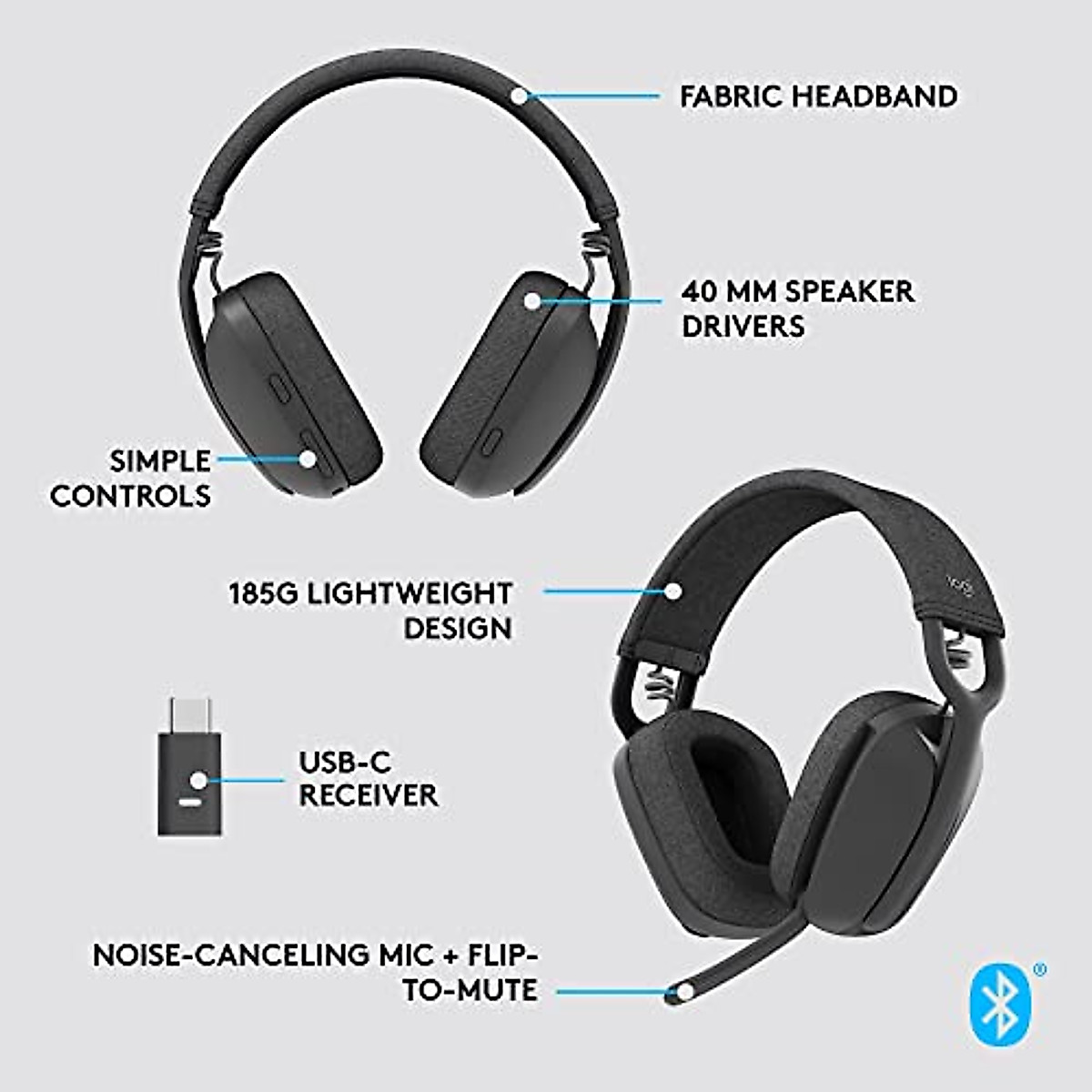 Logitech Zone Vibe Wireless Bluetooth Headphones with Noise-Canceling Mic, USB-A, USB-C, for Google Meet, Google Voice, Zoom, Mac/PC, Black