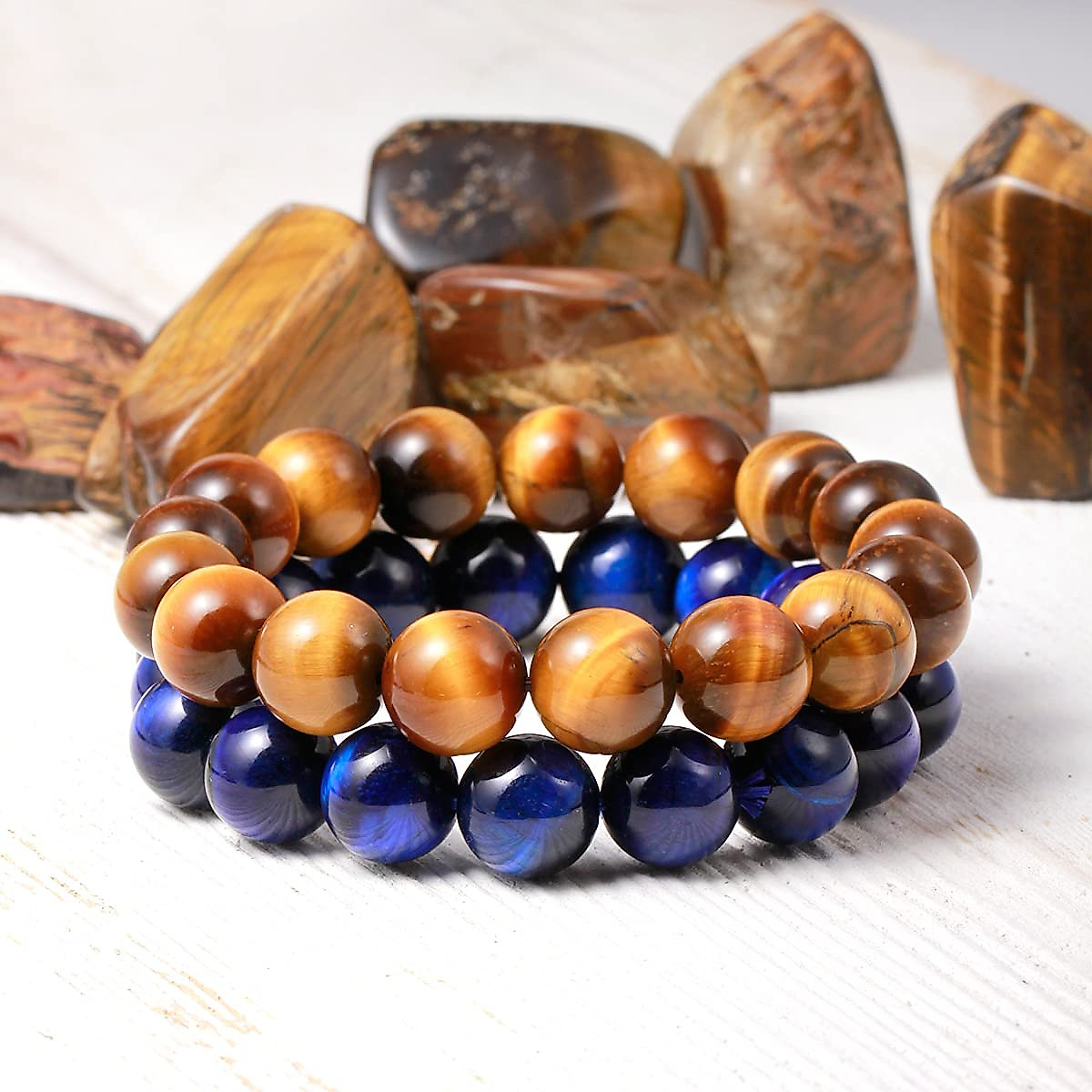 Jewever Original Natural Tigereye Gemstone 12mm Smooth Round Beads Stretch Bracelet Unisex(blue yellow,2pieces)