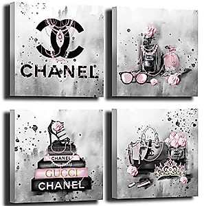 Fashion Pink Wall Decorations - Grey Wall Decor for Bedroom - Women Satchel Painting Pictures Wall Art - Book Canvas Prints for Home Decor 10"x 10"x 4 Panel