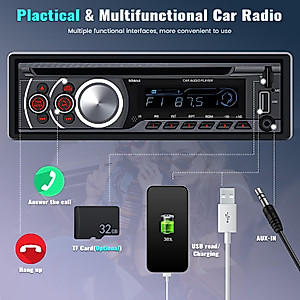 Single Din Car Stereo Bluetooth Car CD DVD Player HandsFree Calling Head Unit FM Radio Receiver USB Charging Power-Off Memory MP3 Car Player Support CD/DVD/VCD/AUX/RCA/TF Input + Remote Control