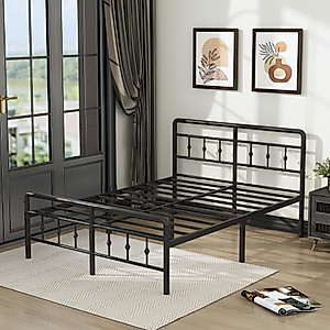 DiaOutro 16 Inch Full Size Bed Frame with Headboard and Footboard, Classic Metal Platform No Box Spring Needed Heavy Duty Victorian Style Iron-Art Mattress Foundation/Under Storage Matte Black DA13