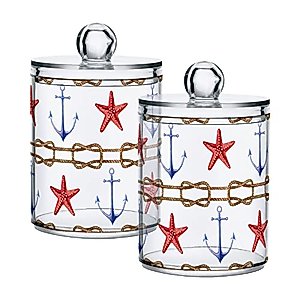 Vintage Starfishes Sea Anchors Qtip Holder Dispenser Watercolor Nautical Rope Bathroom Canister Storage Organization 4 Pack Clear Plastic Apothecary Jars with Lids Vanity Makeup Organizer For Cotton