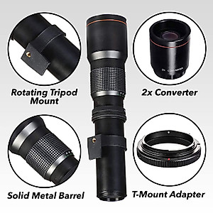 Hi-Resolution 500mm/1000mm Manual Preset Telephoto Reflex Lens for Canon EOS Rebel T3i, T4i, T5, T5i, T6, T7, T6i, T6s, T7i, SL1, SL2, EOS 60D, 70D, 77D, 80D, 5D III, 5D IV, EOS 7D, 7D II, 90D Cameras