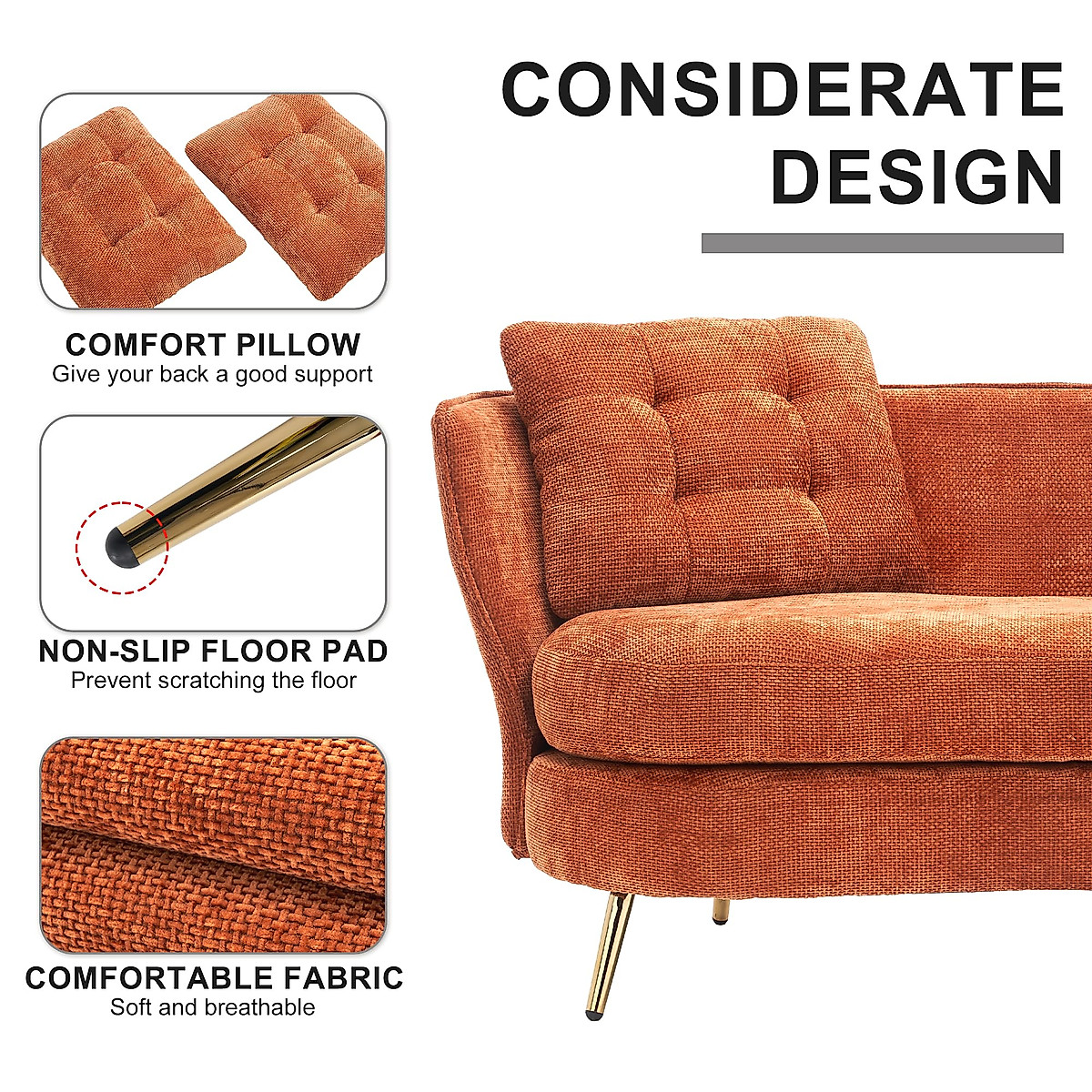 64“Modern Velvet Loveseat Couch,Futon Small Sofa with Gold Metal Legs 2-Seater Upholstered Mini Sofa Couches for Small Space,Living Room Bedroom Office Dorm Studio Apartment Love Seat Couche (Orange)