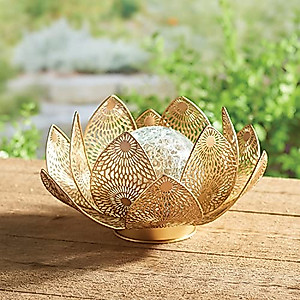 ART & ARTIFACT Lotus Solar Light Crackle Glass with Pierced Metal Base, Indoor Outdoor Accent Light Night Light Lantern, 5" x 10"