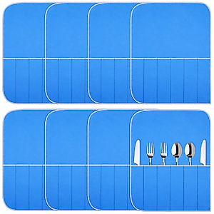 Silver Storage Bags Anti Tarnish Silver Protector Bags Blue Holder for Silverware Flatware Storage Organizer Silver Storage Cloth Place Setting Roll with White Ribbon for Teaspoon Utensils (8 Pieces)