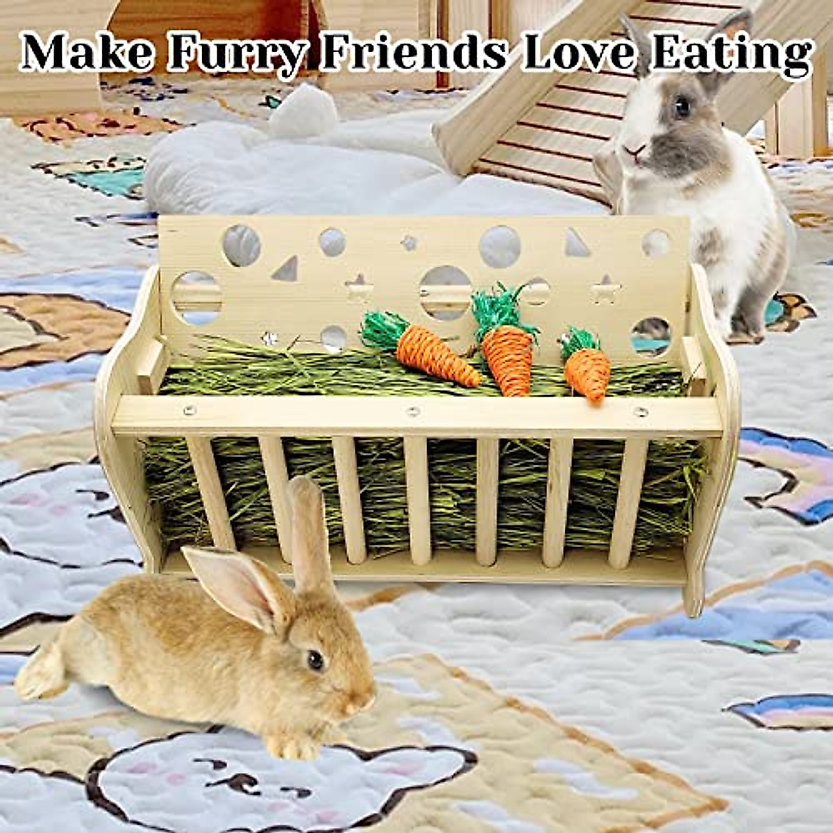 Hamiledyi Rabbit Hay Feeder Rack Large Size Wooden Holder Guinea Pig Hay Feeder Starry Sky Bunny Food Feeding Manger No Clutter Hamsters Grass Dispenser for Rabbits Guinea Pigs Bunnys Chinchilla