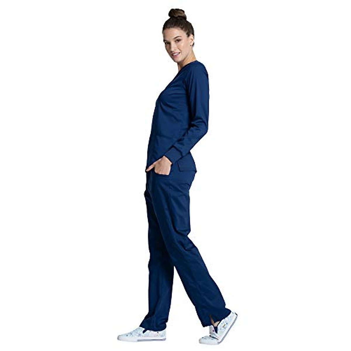 Cherokee Women Scrubs Top Workwear Revolution Tech Long Sleeve V-Neck WW855AB, L, Navy