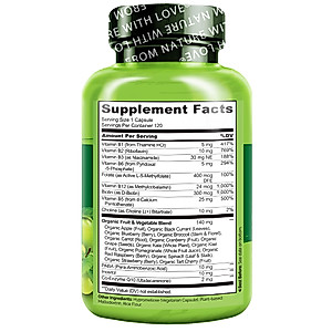 NATURELO Vitamin B Complex with Methyl B12, Methyl Folate, Vitamin B6, Biotin Plus Choline, CoQ10, and Fruit & Vegetable Blend - Supports Energy & Healthy Stress Response - Vegan - 120 Capsules