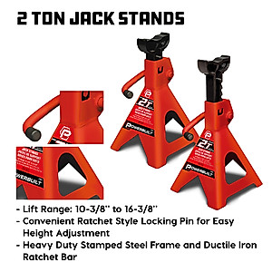 Powerbuilt 6 Piece Car Jack and Garage Creeper Service Set, 2 Ton Vehicle Lift, Jackstands, Folding Creeper, Wheel Chocks, Car Repair Garage Equipment - 640816, Large, Red