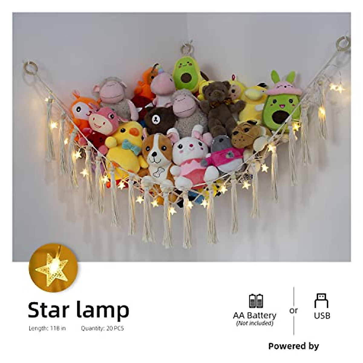 Orkeedu Stuffed Animal Net or Hammock with LED Lights, Large Toy Storage Hooks, Macrame, Cotton Beige