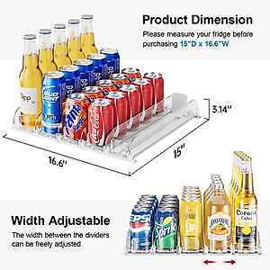 LAMU Drink Organizer for Fridge, Soda Can Organizer Dispenser for Refrigerator with Automatic Pusher Glide, Width Adjustable Clear Dividers Can Holder for 6-20oz Beverage, 15''D x16.6''W, 5 Rows