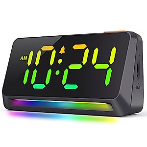 XKX Dynamic RGB Clock - Extra Loud Digital Alarm Clock for Bedroom, Heavy Sleepers, Adults, Kids, Small Bedside Desk Clock with RGB Night Light, LED Display, USB Charger - Cool Black