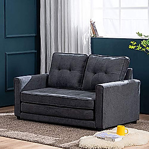 MELLCOM Modern Sofa Bed Mid-Century Upholstered Fabric Loveseat Sofa Folding Recliner Lounge Futon Couch for Living Room with 2 Throw Cushions,Grey