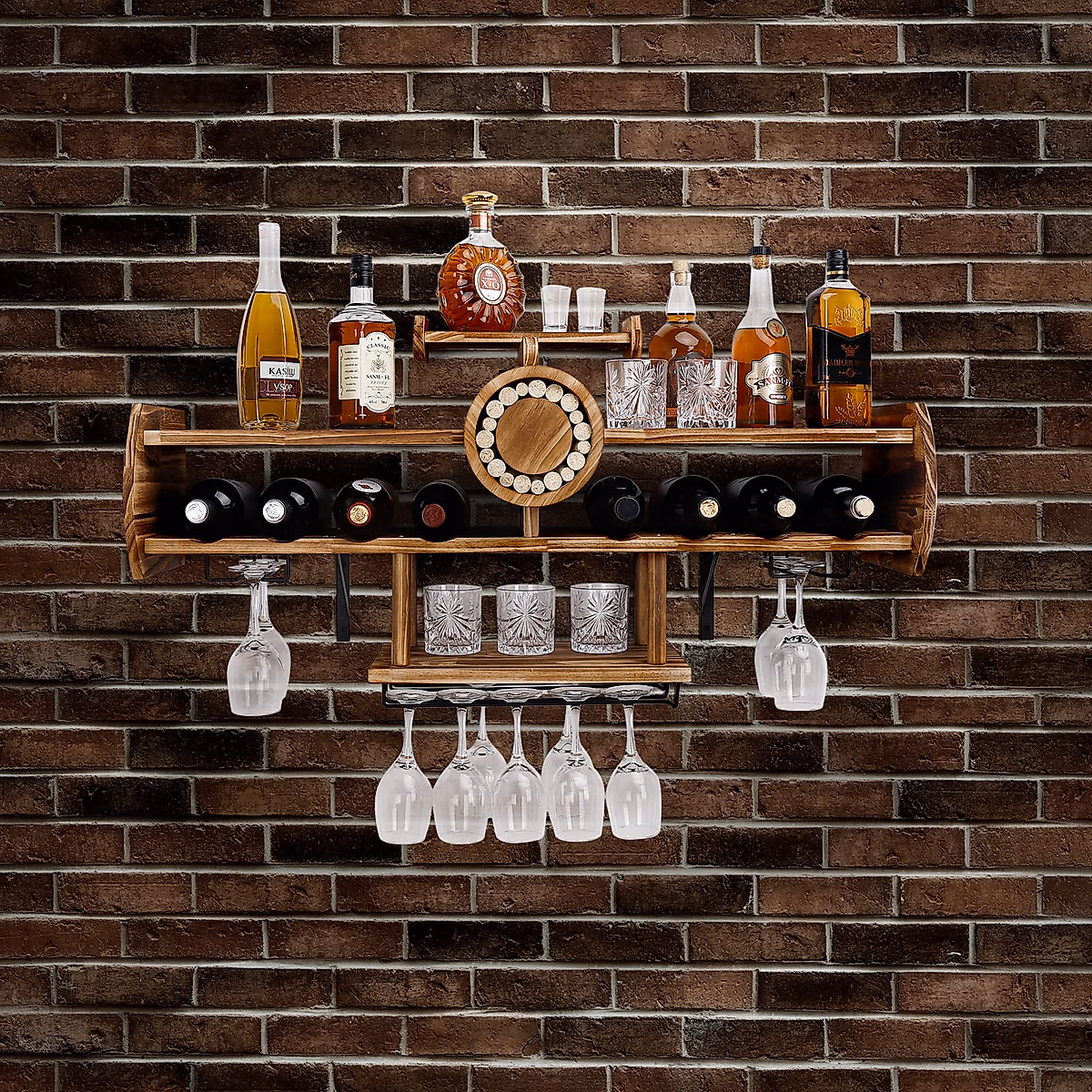 Homde Wine Rack Wall Mounted Wood,Wine Shelf with Bottle Stemware Glass Holder Rustic, Airplane Shape Multi Functional Wine Display Storage Rack for Home Bar (Light Brown)
