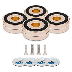 Monosaudio Speaker Isolation Feet 4 Pcs 40x15mm Aluminum Feet Subwoofer Isolation Feet with Non-Slip Rubber Rings/Adhesive/M4 Screws for Audio,Speakers,Subwoofers,Amplifier,DAC,Turntable(Gold)