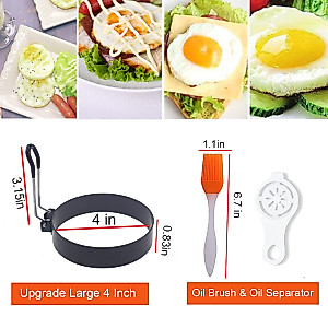 Upgrade 4" Large Egg Rings Set for Griddle,4 Packs Non-stick Stainless Steel Round Egg Maker Mold Egg Shaper Circle Pancake Ring Omelete Rings Anti-scalding Grill with 1X Oil Brush &1X Egg Separator