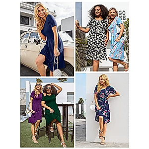 DouBCQ Women's Casual Short Sleeve Flowy Pleated Loose Dresses with Pockets (0-Purple, L)