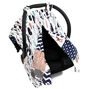 Dear Baby Gear Deluxe Reversible Car Seat Canopy, Custom Minky Print, Woodland Deer Quilt Feathers Pink Mint