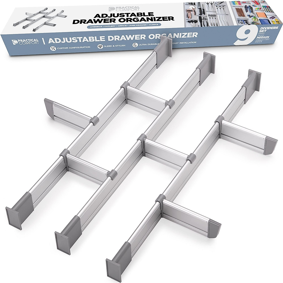 Practical Comfort Aluminum Drawer Organizer for Kitchen Utensils Silverware Flatware 9 Dividers Set | MEDIUM | UPGRADED VERSION