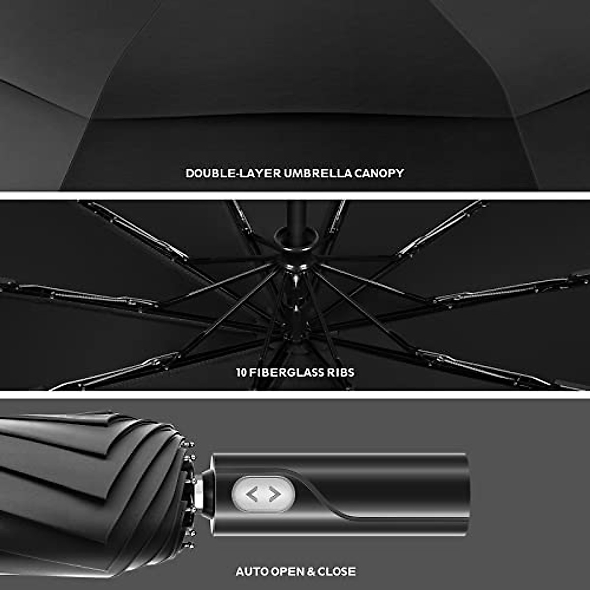 UNDERTREE Umbrella Windproof Travel Umbrella - 10-Ribs Wind Resistant Folding Umbrella - Compact Anti-UV Automatic Umbrella - Portable Waterproof Umbrella for Sun&Rain - Backpack, Purse, Car Umbrella, Black-21