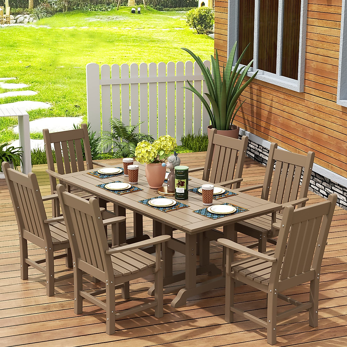 WestinTrends Malibu Classic Outdoor Dining Chairs with Arms, All Weather Poly Lumber Adirondack Patio Chairs Restaurant Bistro Chairs Support 350 LBS, Arched Backrest and Curved Seat, Weathered Wood