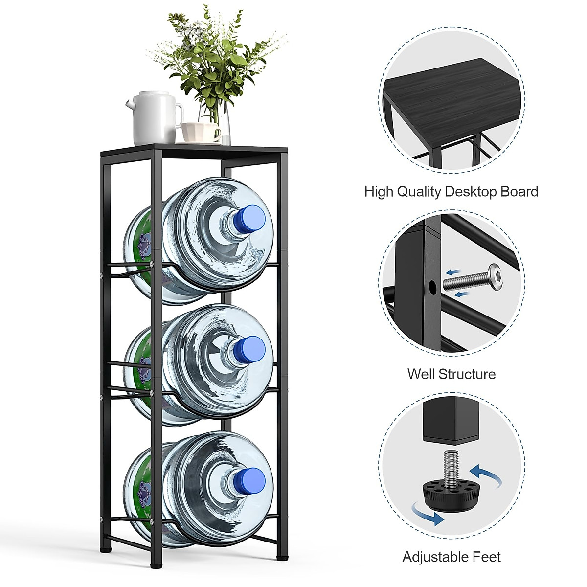 DIRZA 5 Gallon Water Jug Holder with Top Shelf, 3 Tier Water Bottle Holder,Heavy Duty Water Storage Rack for Water Cooler Jug,Water Jug Stand Organizer for Home Kitchen Office Brilliant Black