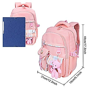 KingBig Girls School Backpack with Cute Pin Accessories Plush Pendant Kawaii School Backpack Cute Aesthetic Backpack for Teens Girls Women Students (Pink)
