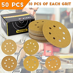 Mestool 5-Inch 8-Hole Hook and Loop Gold Sanding Discs, Box of 50 Sandpaper Include 60 80 120 150 and 220 Grits