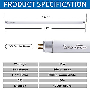 16" F10T5/WW Fluorescent Light Bulb, Warm White 3000K, T5 10 Watts Replacement Tube for Jasco, Philips, Counter and Cabinet Fixture, G5 Mini Bi-Pin Base - 4 Pack