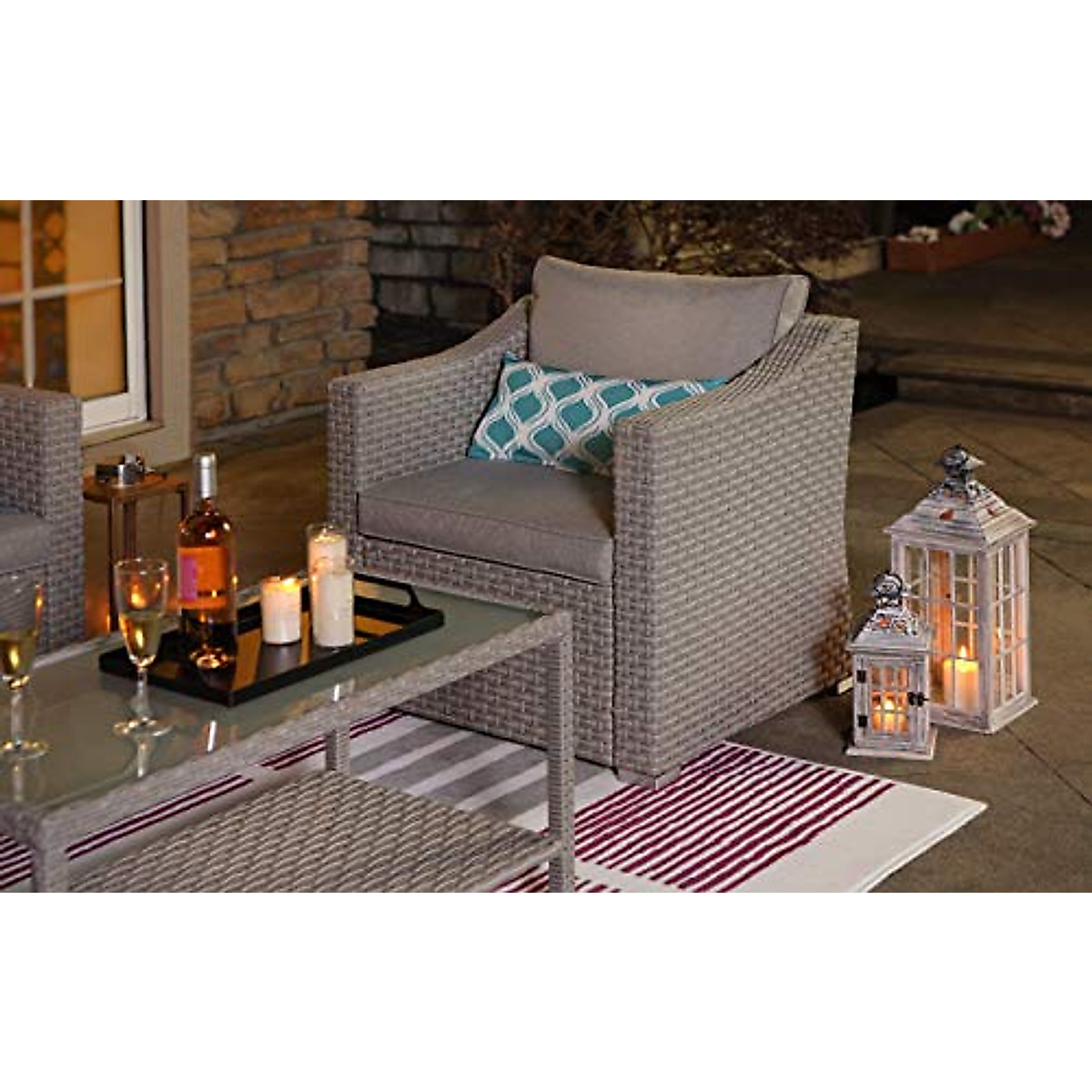 COSIEST 4-Piece Patio Furniture Sectional Sofa All-Weather Outdoor Wicker Conversation Set w Warm Gray Cushions, Glass Coffee Table, 4 Teal Pattern Pillows for Deck, Backyard, Pool
