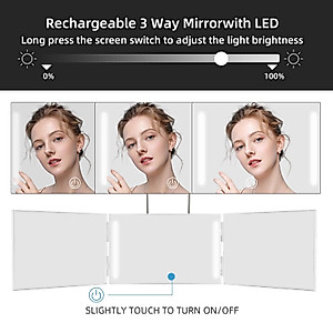 Essbhach 3 Way Mirror for Hair Cutting, 360 Barber Mirror for Women, Barber Supplies Shower 28 LED Mirror, Height Adjustable Hooks, White with LED