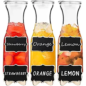 Tomnk Glass Carafe with Lids, Carafe Set for Mimosa Bar, 1 Liter Set of 3 Glass Pitchers Mimosa Bar Supplies, Juice Carafes & Pitchers for Brunch Iced Tea, 6 Wooden Chalkboard Tags and 6 Labels