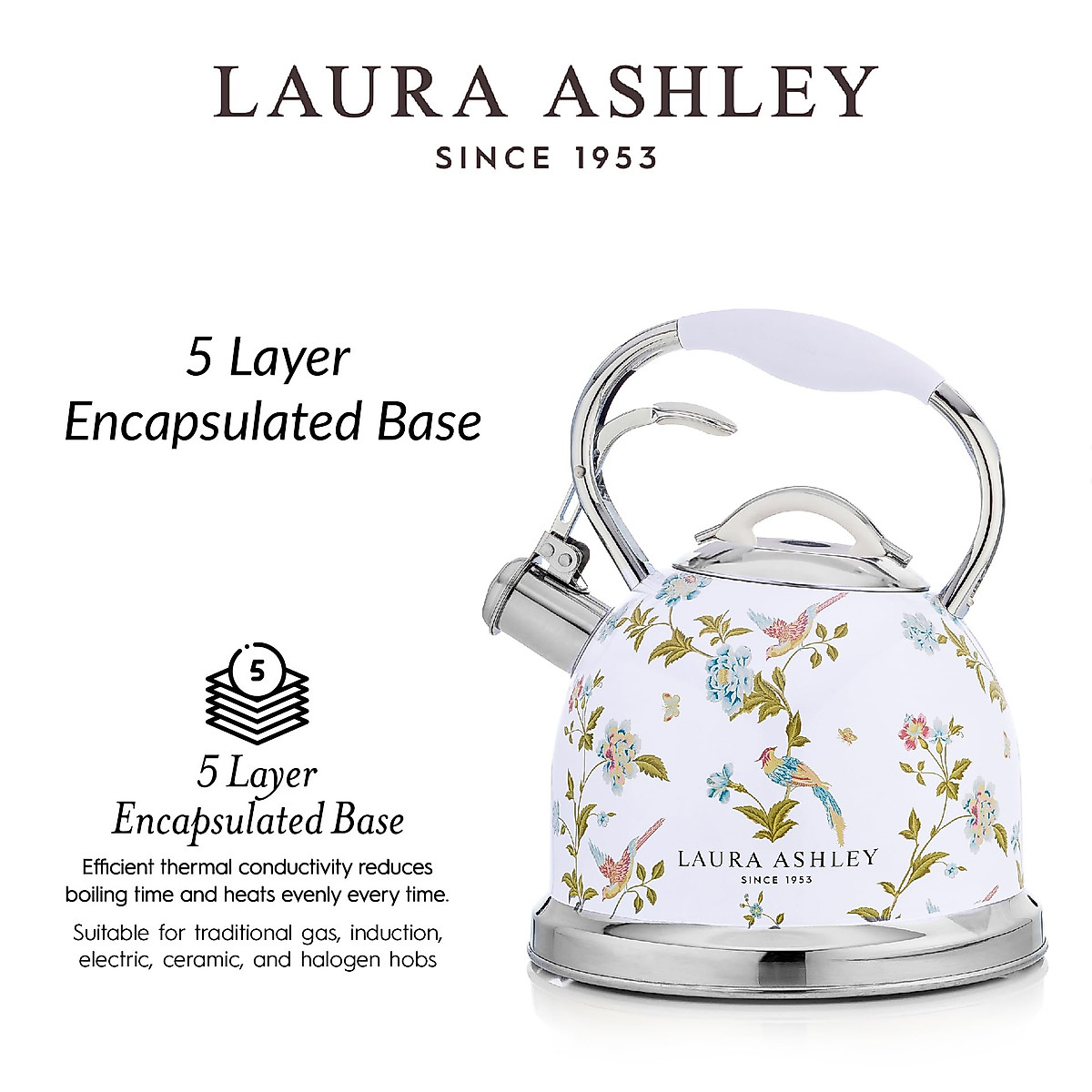 VQ Laura Ashley Elveden White 3L Stainless Steel Tea Kettle Stovetop Whistling Teapot for Induction, Gas Hob or others. Silicon Coated Cool Handle & Push Button Mechanism Vintage Stove Top Kettle