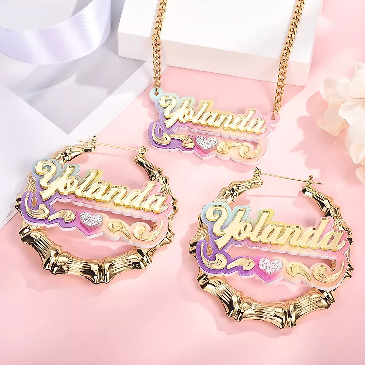 Gemiac Custom Name Necklace Personalized Name Earrings Double Plated Name Necklace with Heart Acrylic 18K Gold Plated Nameplate Necklace Jewelry Gift for Women