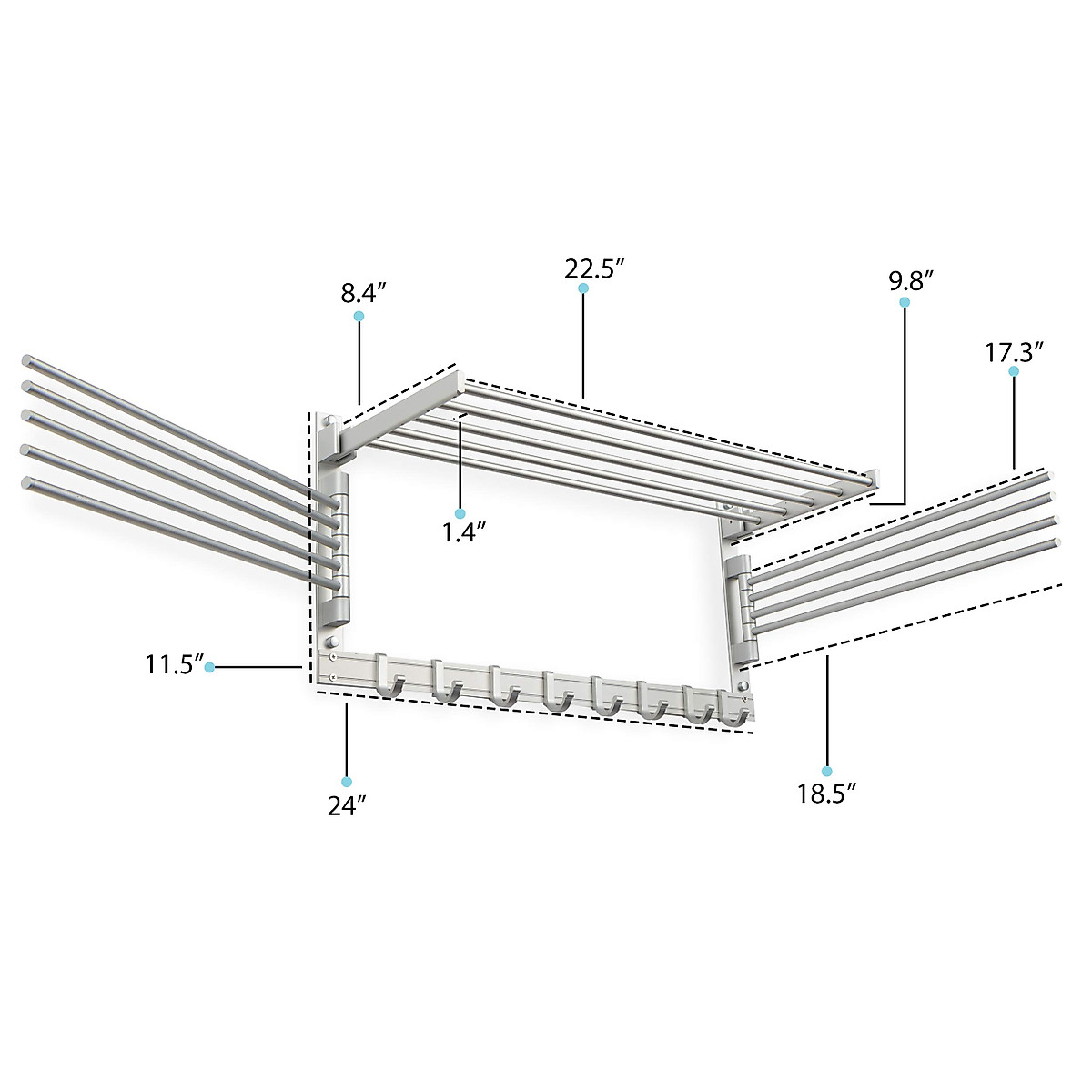 brightmaison BGT Wash Clothes Drying Rack Wall Mount Laundry Room Organizer with Hooks & Swing Arms, 24" Metal Laundry Rack Silver