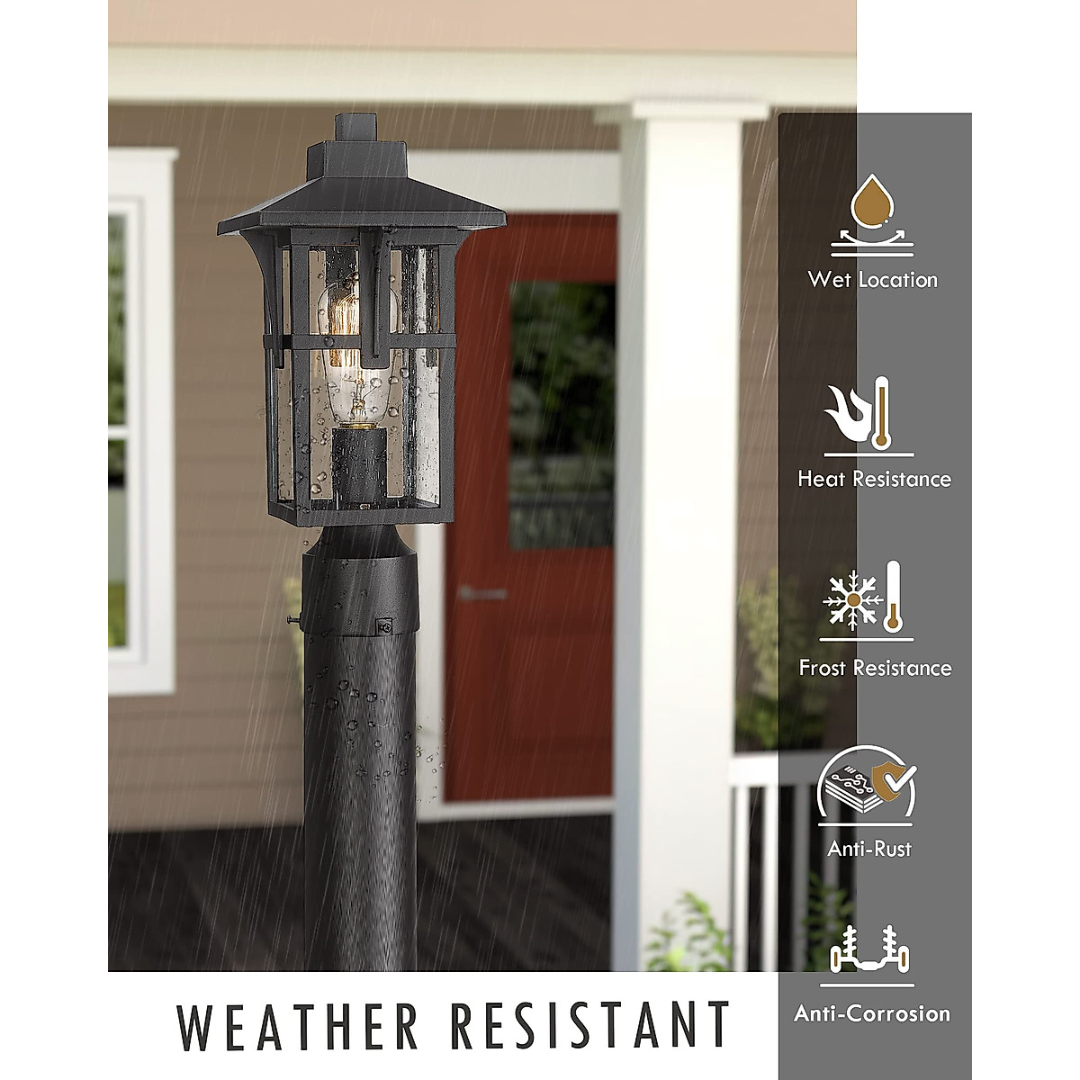 Exterior Post Light, HWH Outdoor Pole Lantern Pillar Light Fixture with Seeded Glass Shade, Matte Black Finish, 5HX62P BK