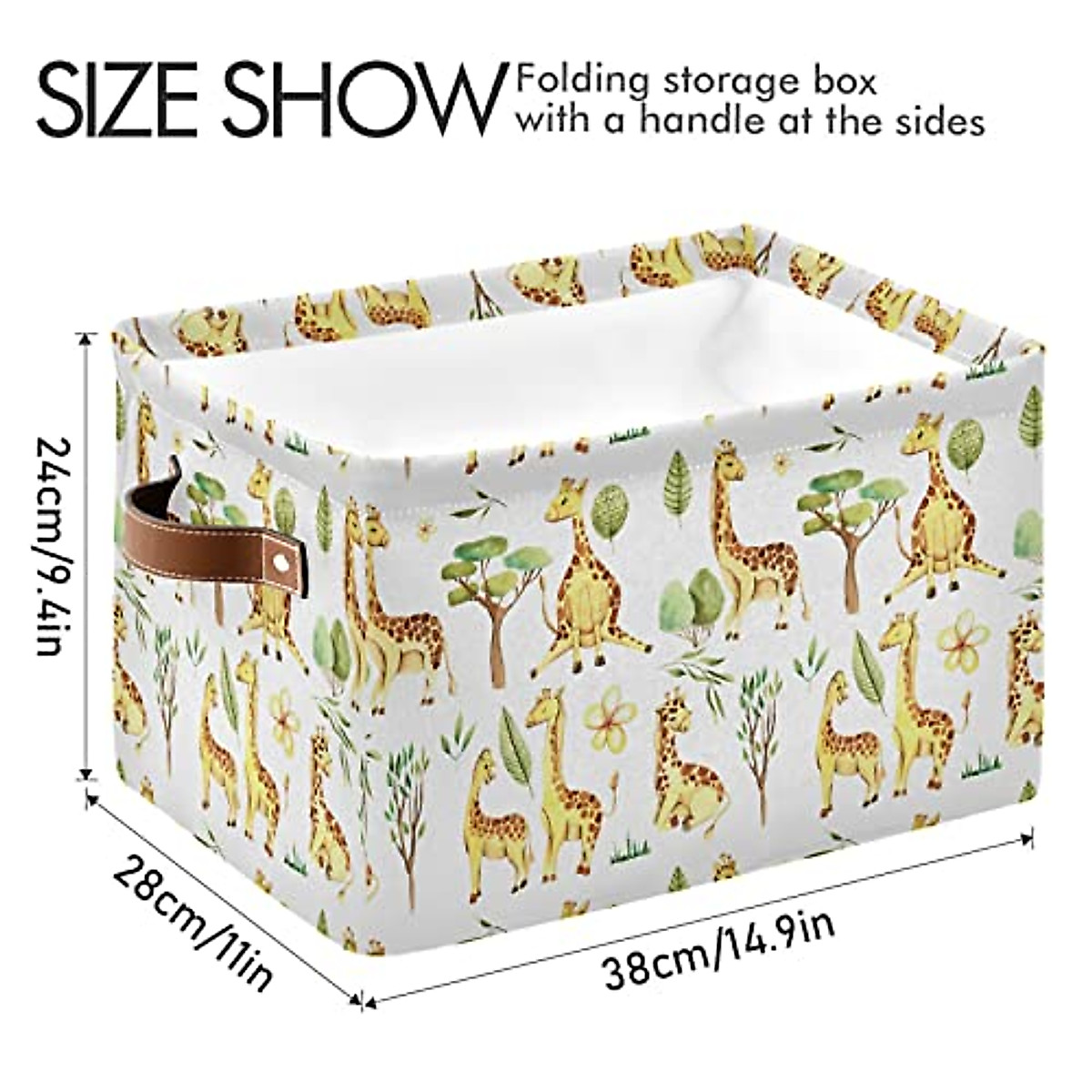 Rectangular Storage Basket Storage Bin - Tropical Palm Leaves Giraffe Collapsible Storage Box with Leather Handles Fabric Organizer Bin Organizer for Boys and Girls