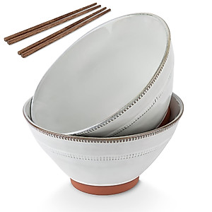 KooK Ramen Bowls, Terracotta Japanese, Microwavable, Dishwasher Safe, for Rice, Udon, Soba, Pho, 36 oz, with One Set of Wooden Chopsticks, Set of 2 (Cloudy White)