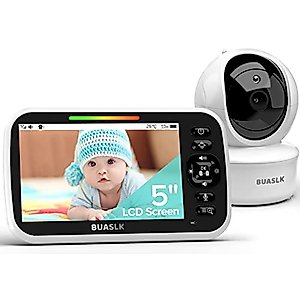 BUASLK Baby Monitor with Camera and Audio, 5" Screen Video Baby Monitor with Temperature Sensor, Two Way Talk and Remote pan-tilt-Zoom Camera, Night Vision and 960ft Range.