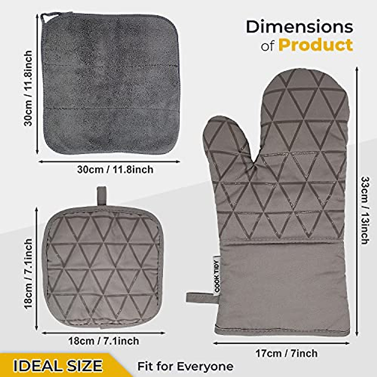 Oven Mitts & Pot Holders Sets - Kitchen Gloves & Towel Gift Box Set Gray 6Pcs by COOK TIDY - 13” Xtra Large Thick Washable - Professional & Heavy Duty - Protective Long Cuff for Cooking, Baking, BBQ