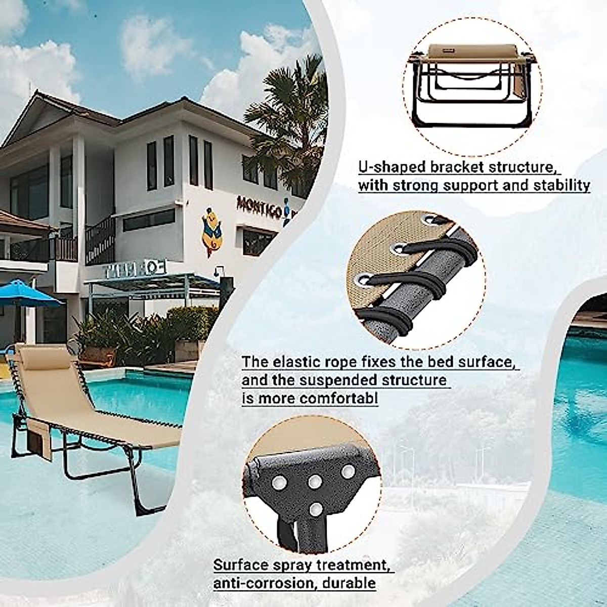 KingCamp Chaise Lounge Outdoor Adjustable Textilene Waterproof Patio Lounge Chair,Folding Tanning Chair for Lawn,Beach,Pool and Sunbathing,Portable Camping Reclining Chair with Pillow (2, Light Beige)