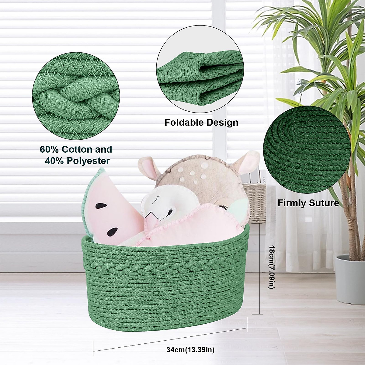 SavStor Small Storage Basket Rope Woven Cotton Basket for Organizing Household Purposes, Decorative Basket for Nursery Living Room Shelves Closet, Oval, 13 x 8.6 x 7.1in, Green, 3 Packs