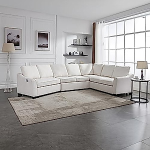 ERYE 129.5" L-Shaped Sofa W/Pull USB Charging Port, Modern Functional Corner Sectional Convertible Sleeper & Couch Bed for Home Apartment Living Room, Beige