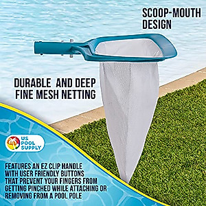 U.S. Pool Supply Professional 17" Swimming Pool Leaf Rake with Deep 13" Net Bag - Durable Fine Mesh Netting, EZ Clip Handle - Fast Cleaning, Debris Pickup Removal, Fits Standard Swimming Pool Pole